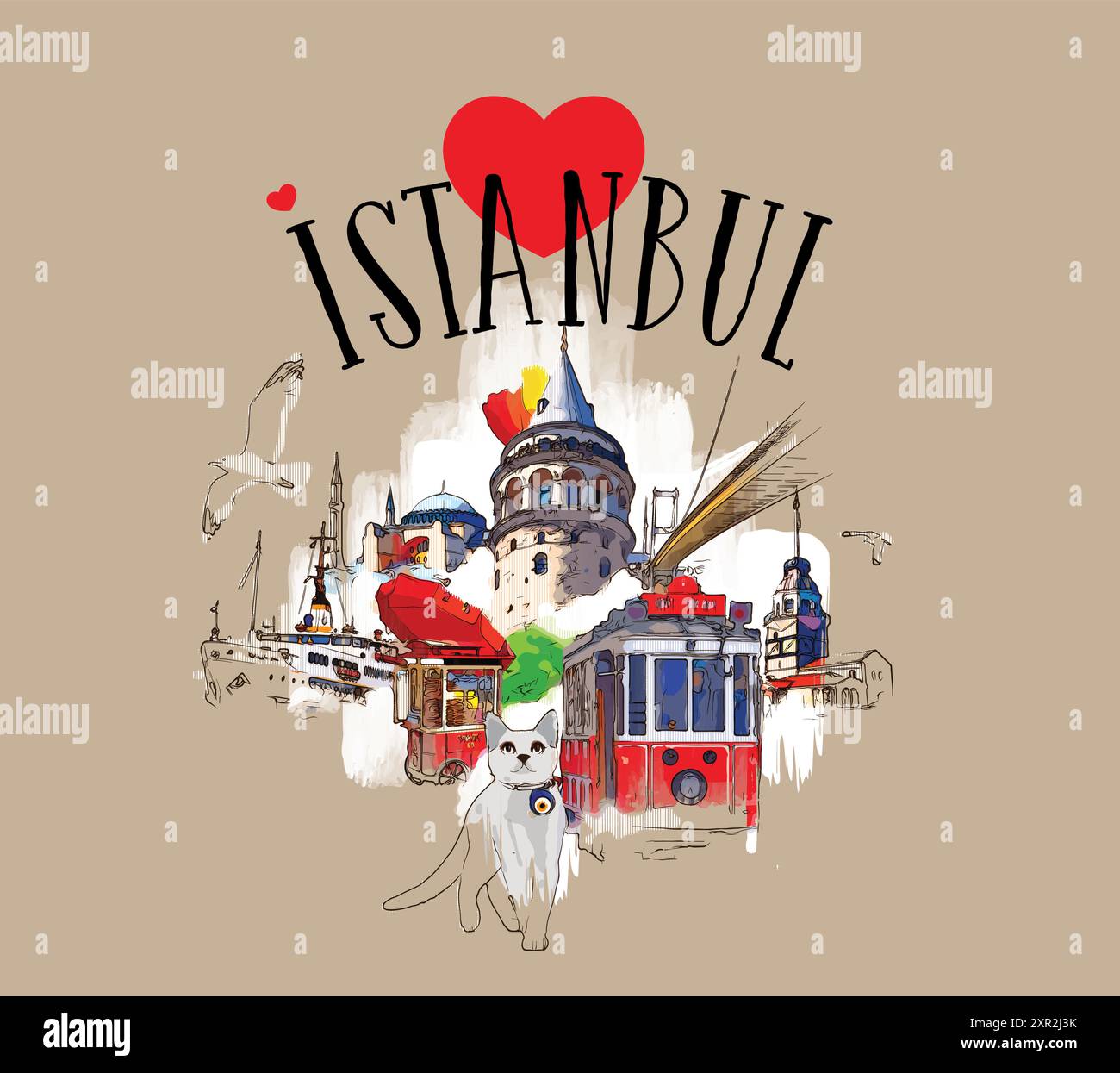 I love Istanbul concept hand-drawn colored vector illustration Stock ...