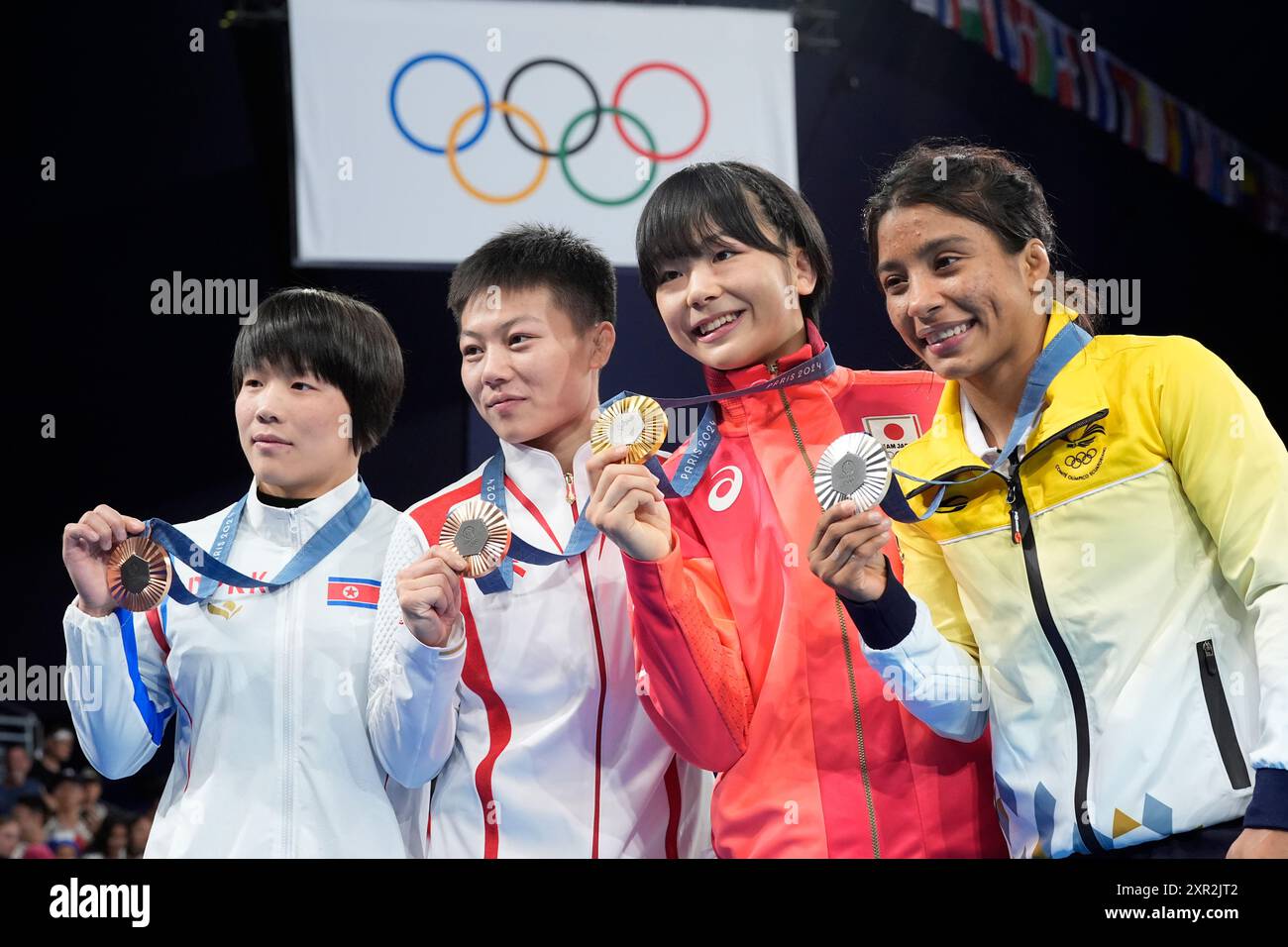 Medalists, from left, North Korea's Hyo Gyong Choe, Cnina's Qianyu Pang ...