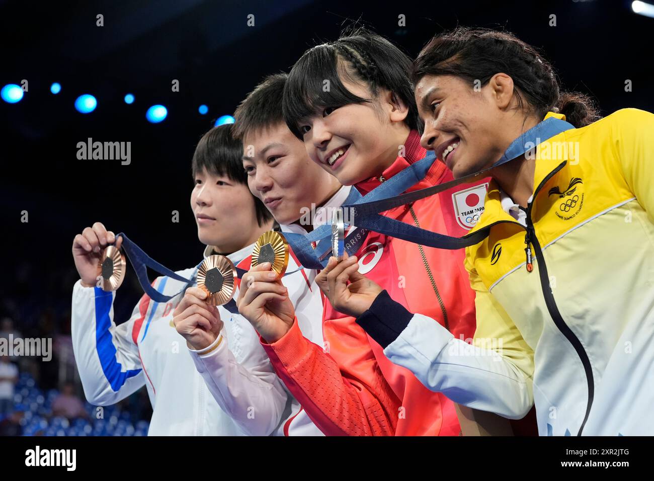 Medalists, from left, North Korea's Hyo Gyong Choe, Cnina's Qianyu Pang ...