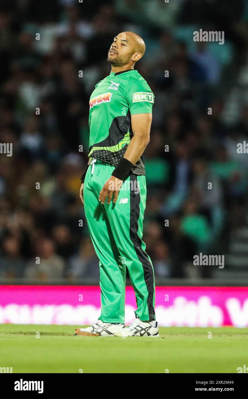 Tymal Mills of Southern Brave reacts during the The Hundred match Oval ...