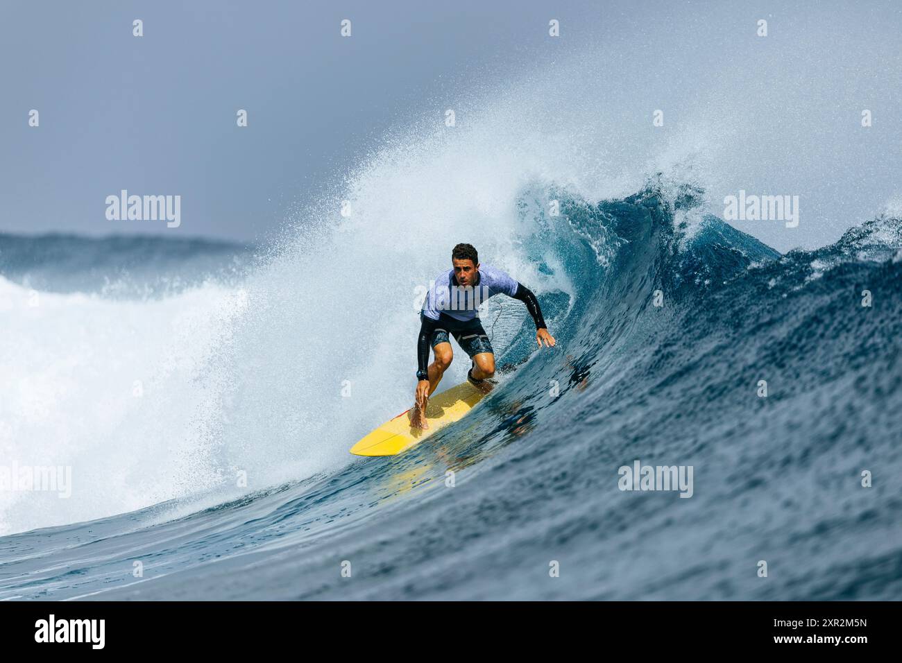 Spain's Andy Criere takes part in a surfing training session in Teahupo ...