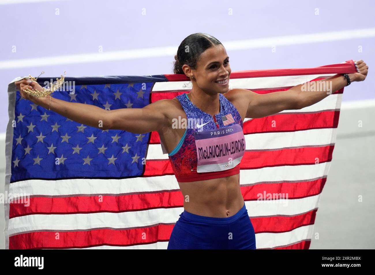 Sydney McLaughlin-Levrone, of the United States, celebrates winning the ...