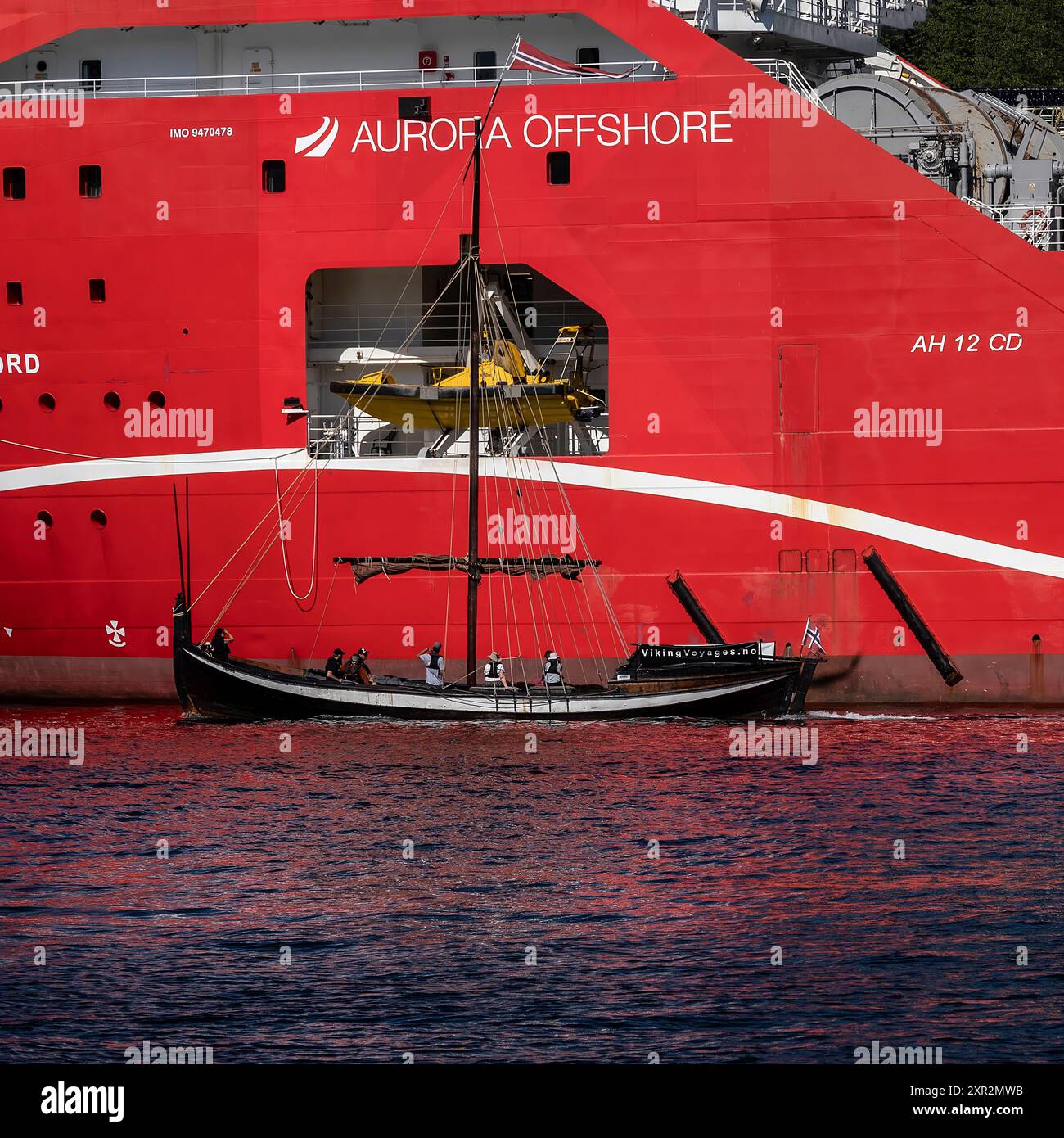 A replica viking sailing vessel at the inner port of Bergen, Norway ...