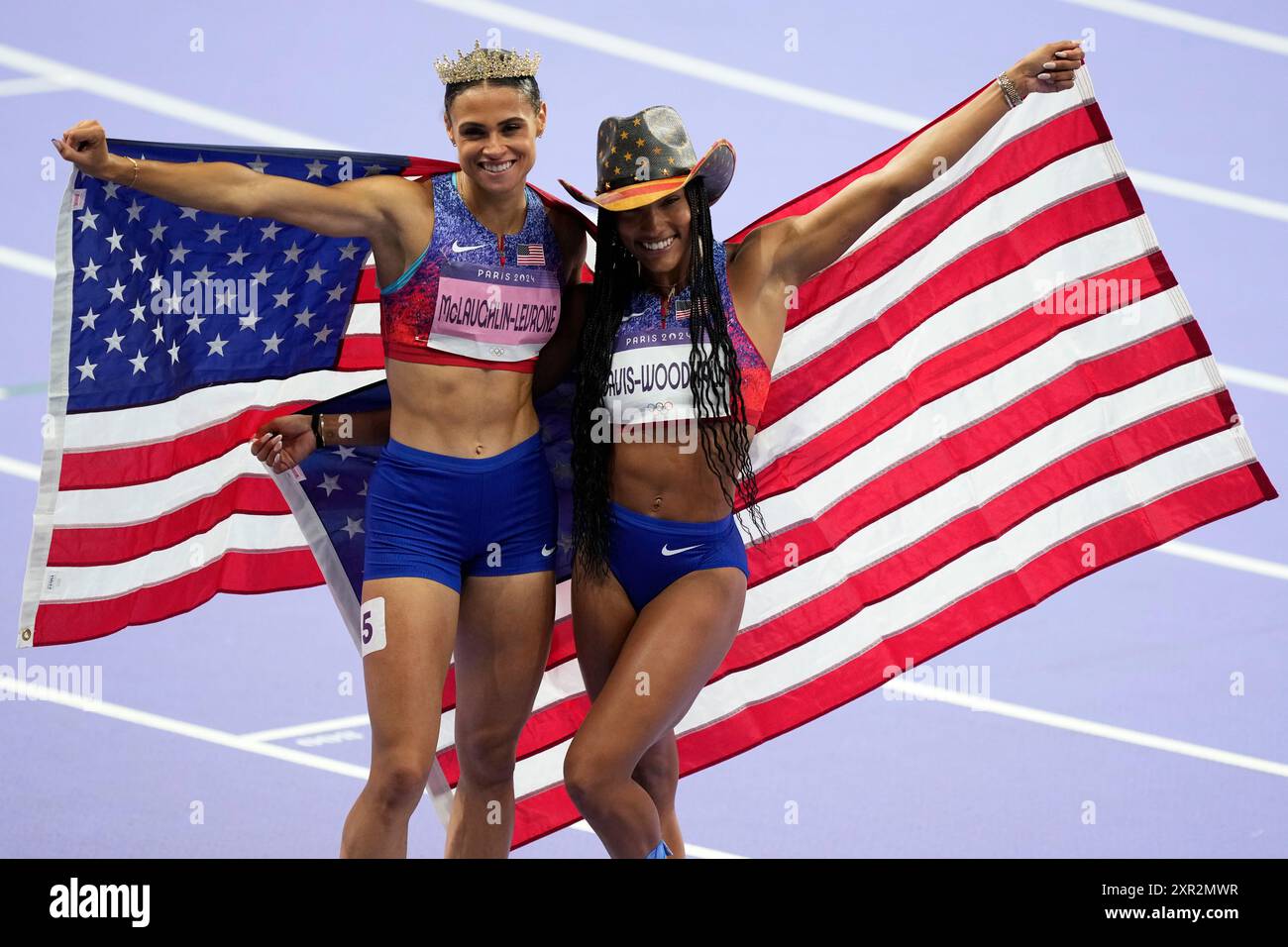 Women's long jump gold medalist Tara Davis-Woodhall, right, of the ...