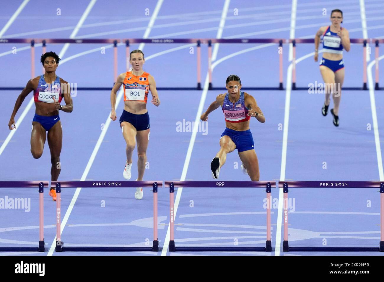 Sydney McLaughlin-Levrone, center right, of the United States, competes ...