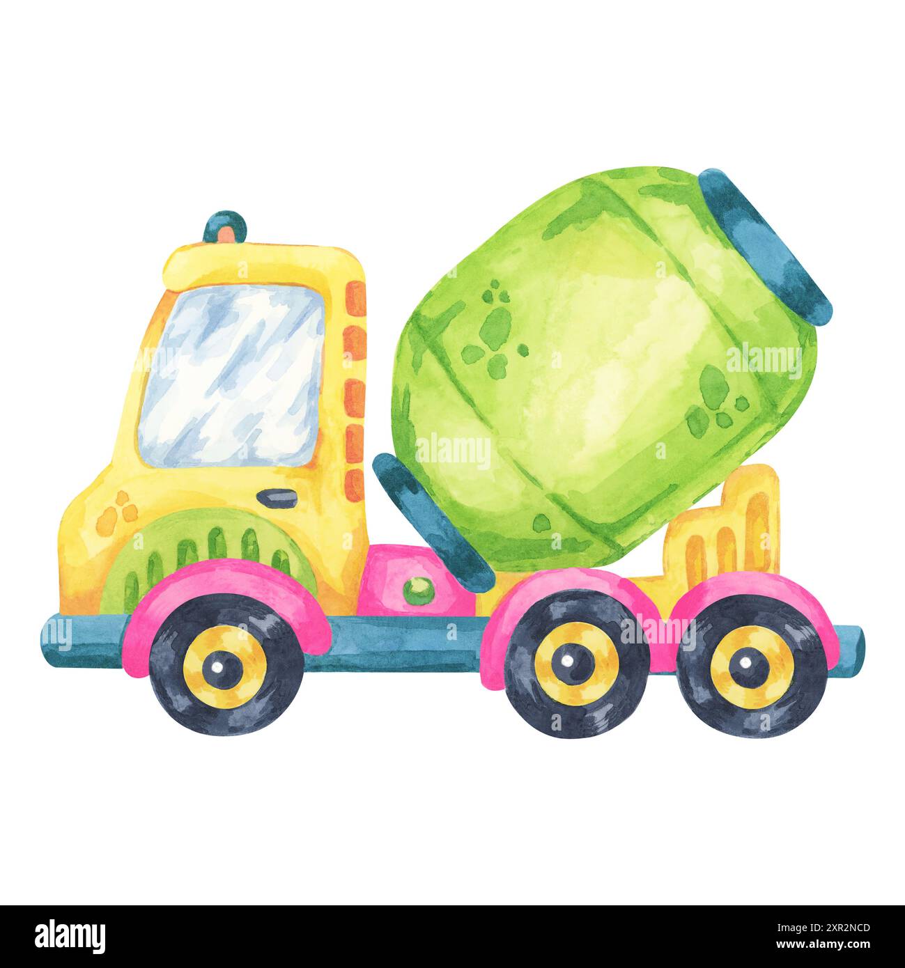 Cement mixer truck in vibrant green and yellow colors. Building site ...