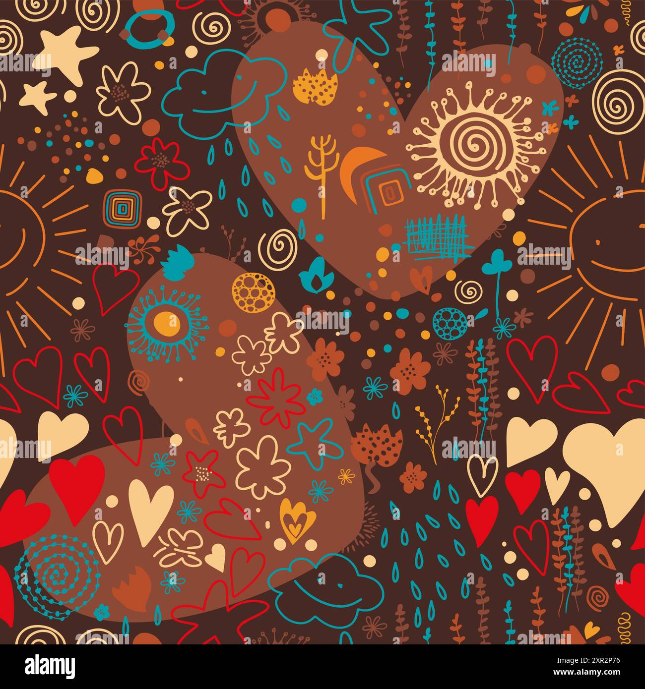 Fun colorful doodle seamless pattern. Creative abstract art brown ...