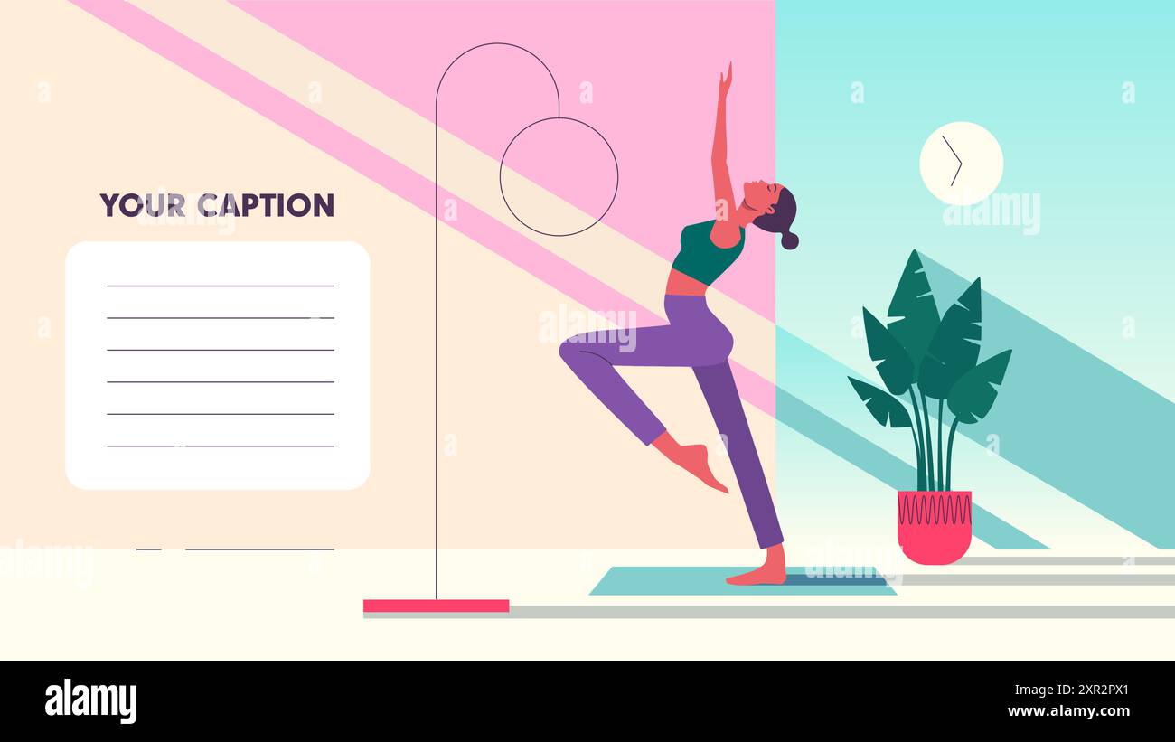 Colorful yoga scene with a woman practicing in a modern home with ...