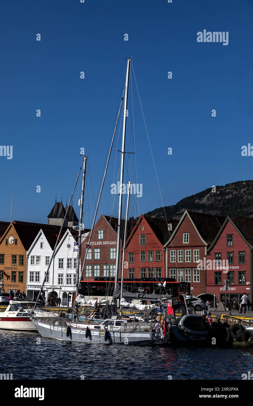 Sailboat Yeva alongside berth at Bryggen, in the inner port of Bergen ...