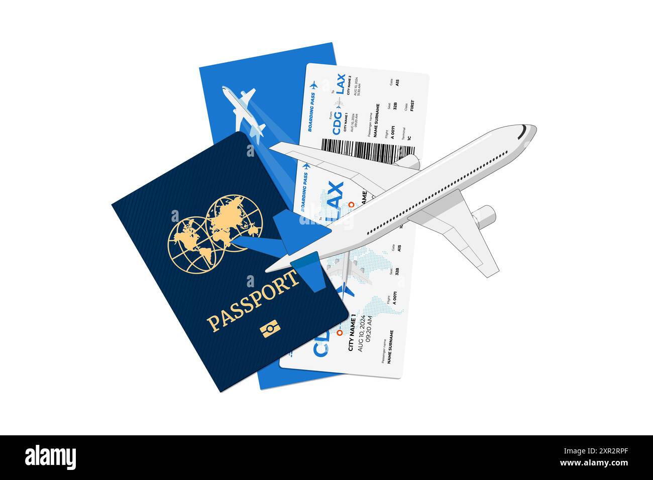 Passenger airplane flying above international passport with airway ...