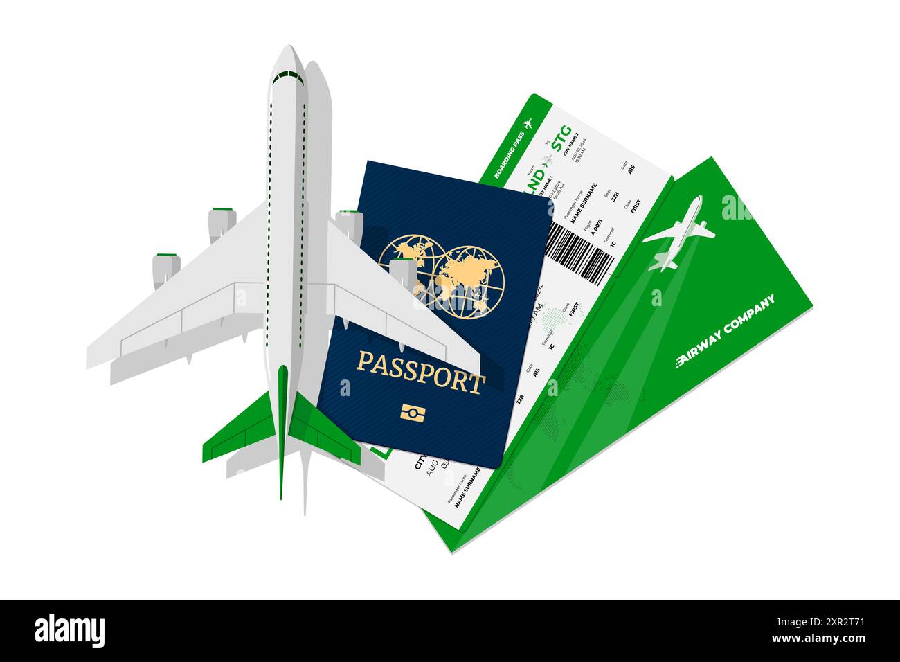 Passenger Airplane Flying Above International Passport With Airway