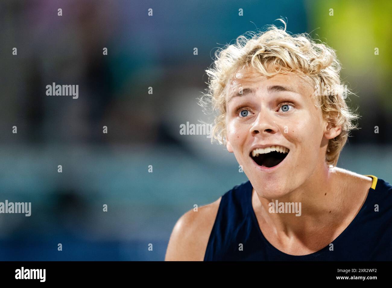 David Åhman of, Sweden. , . reacts in a men's beach volleyball ...