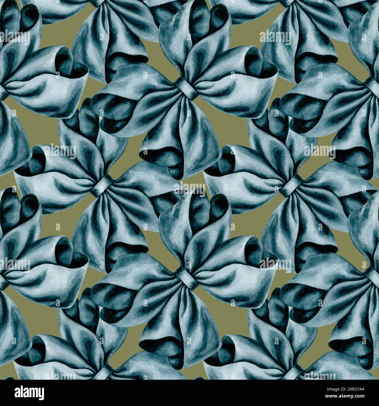 Grey bows on a green background are made with watercolors as a seamless ...