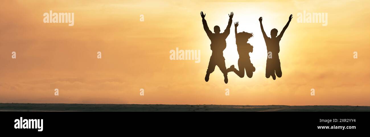 Group of happy friends having fun and jumping in the beach at sunset ...