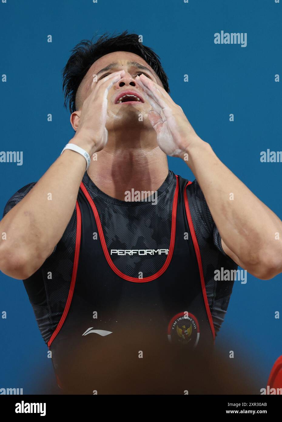 Paris, France. 8th Aug, 2024. Rizki Juniansyah of Indonesia reacts ...