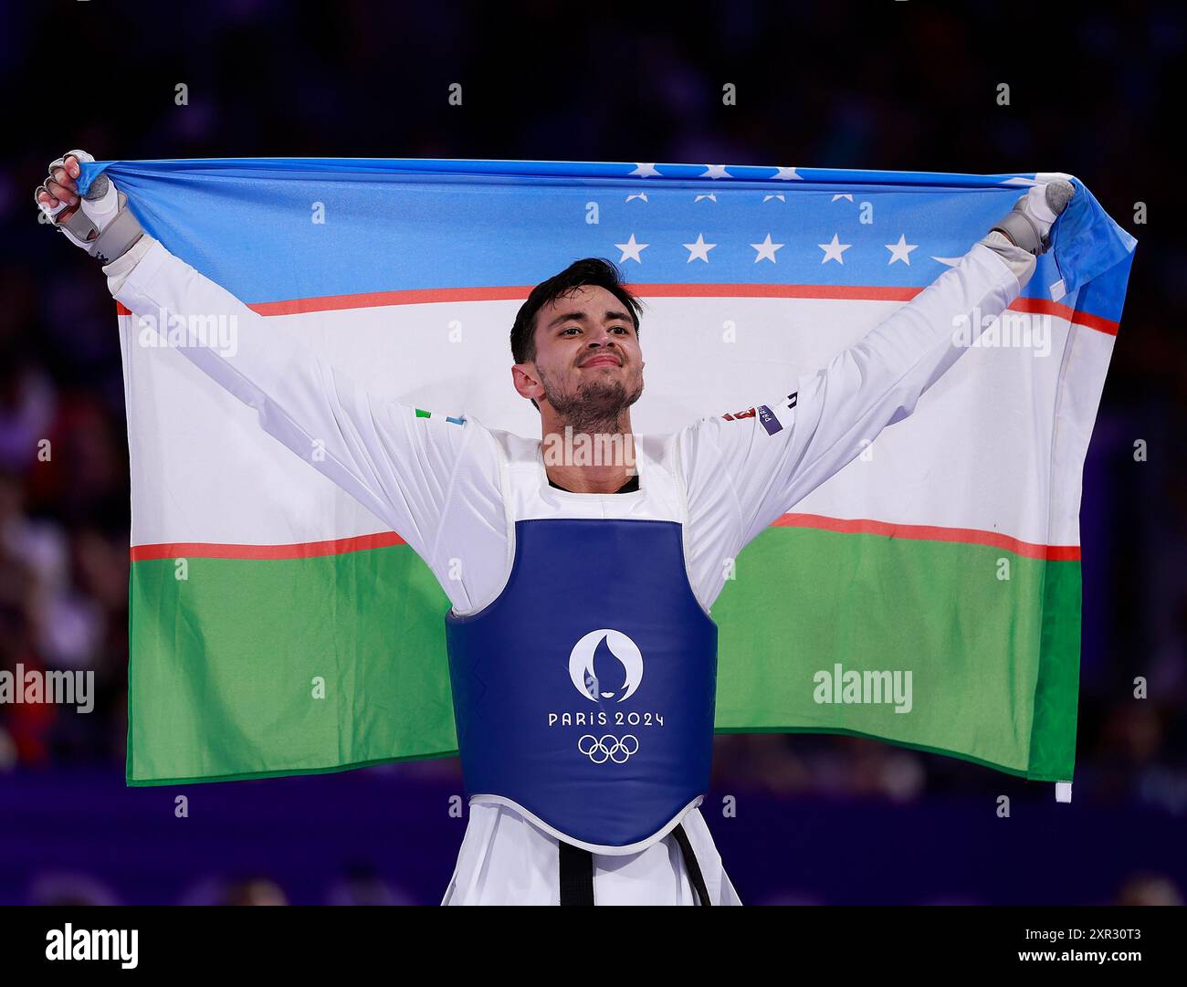 Paris, France. 8th Aug, 2024. Ulugbek Rashitov of Uzbekistan celebrates ...