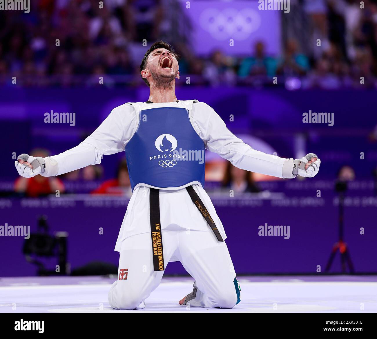 Paris, France. 8th Aug, 2024. Ulugbek Rashitov of Uzbekistan celebrates ...