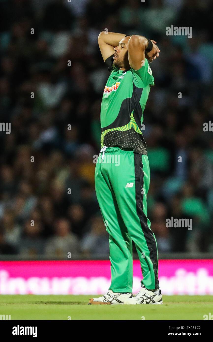 Tymal Mills of Southern Brave reacts during the The Hundred match Oval ...