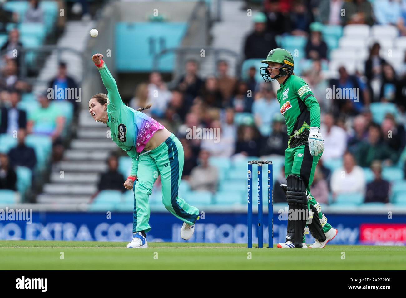 Rachel Slater of Oval Invincibles bowls during the The Hundred match ...