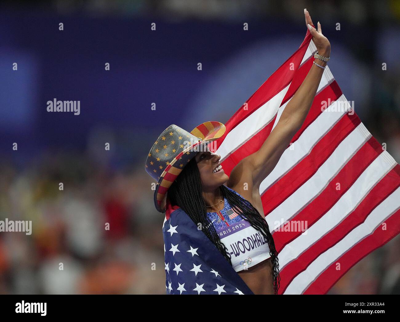 Paris, France. 8th Aug, 2024. Tara Davis-Woodhall of the United States ...