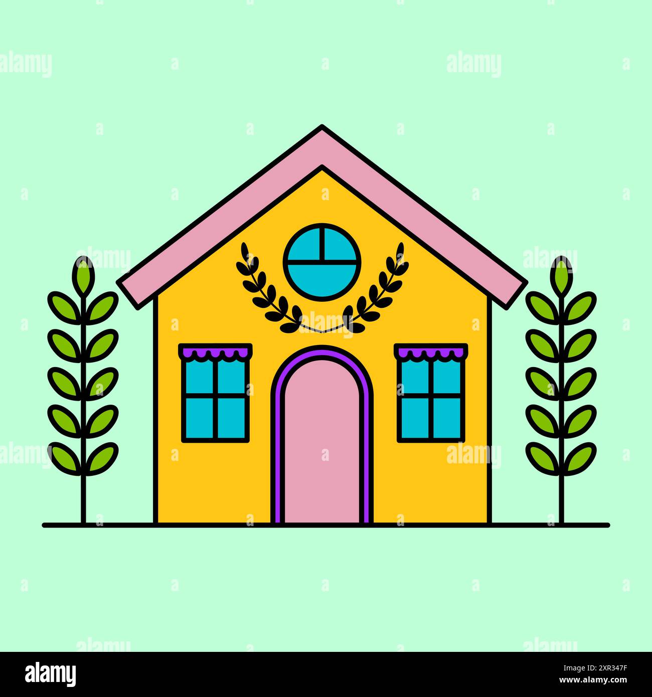 Yellow house illustration. Pink roof detail. Green background vector ...