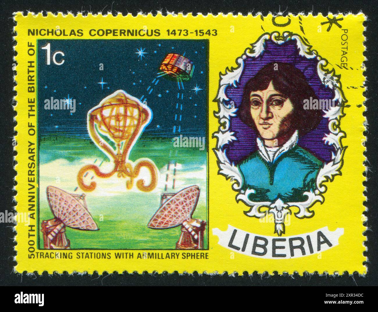 LIBERIA - CIRCA 1973: stamp printed by Liberia, shows Nicolaus Copernicus, armillary sphere and ...