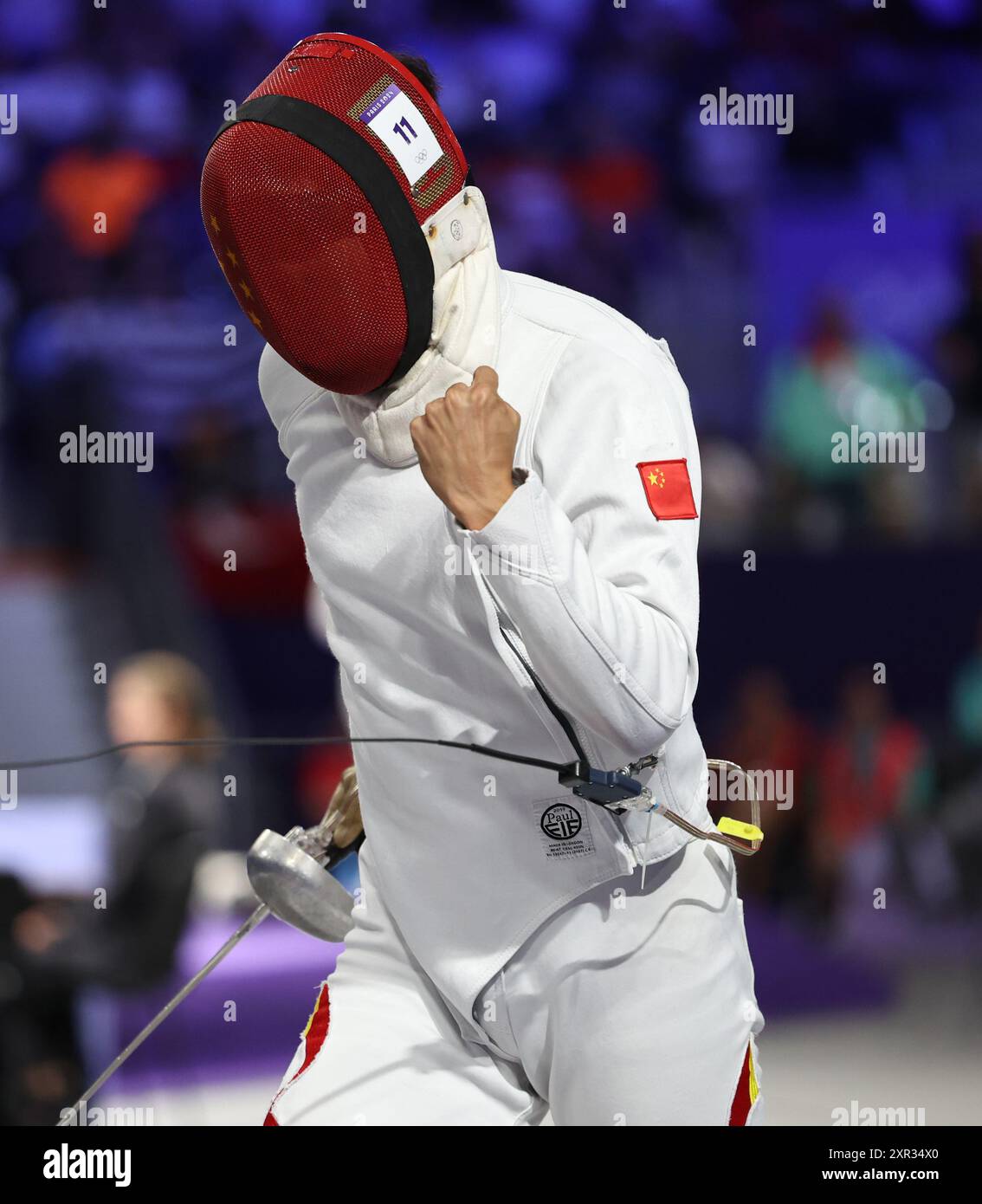 Paris, France. 8th Aug, 2024. Luo Shuai of China celebrates scoring ...