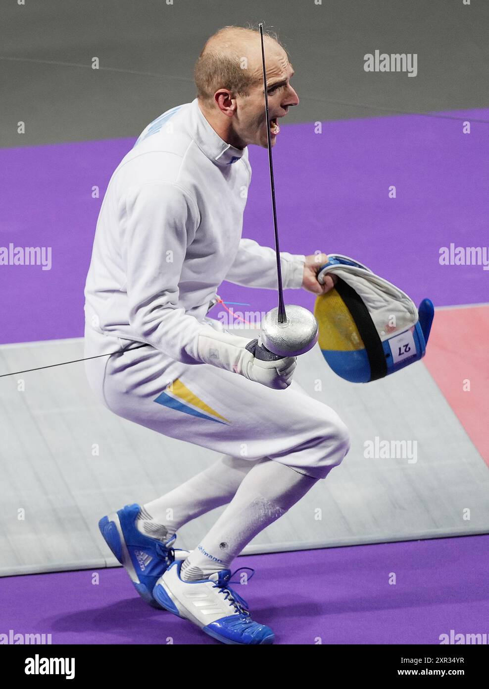 Paris, France. 8th Aug, 2024. Oleksandr Tovkai of Ukraine celebrates ...