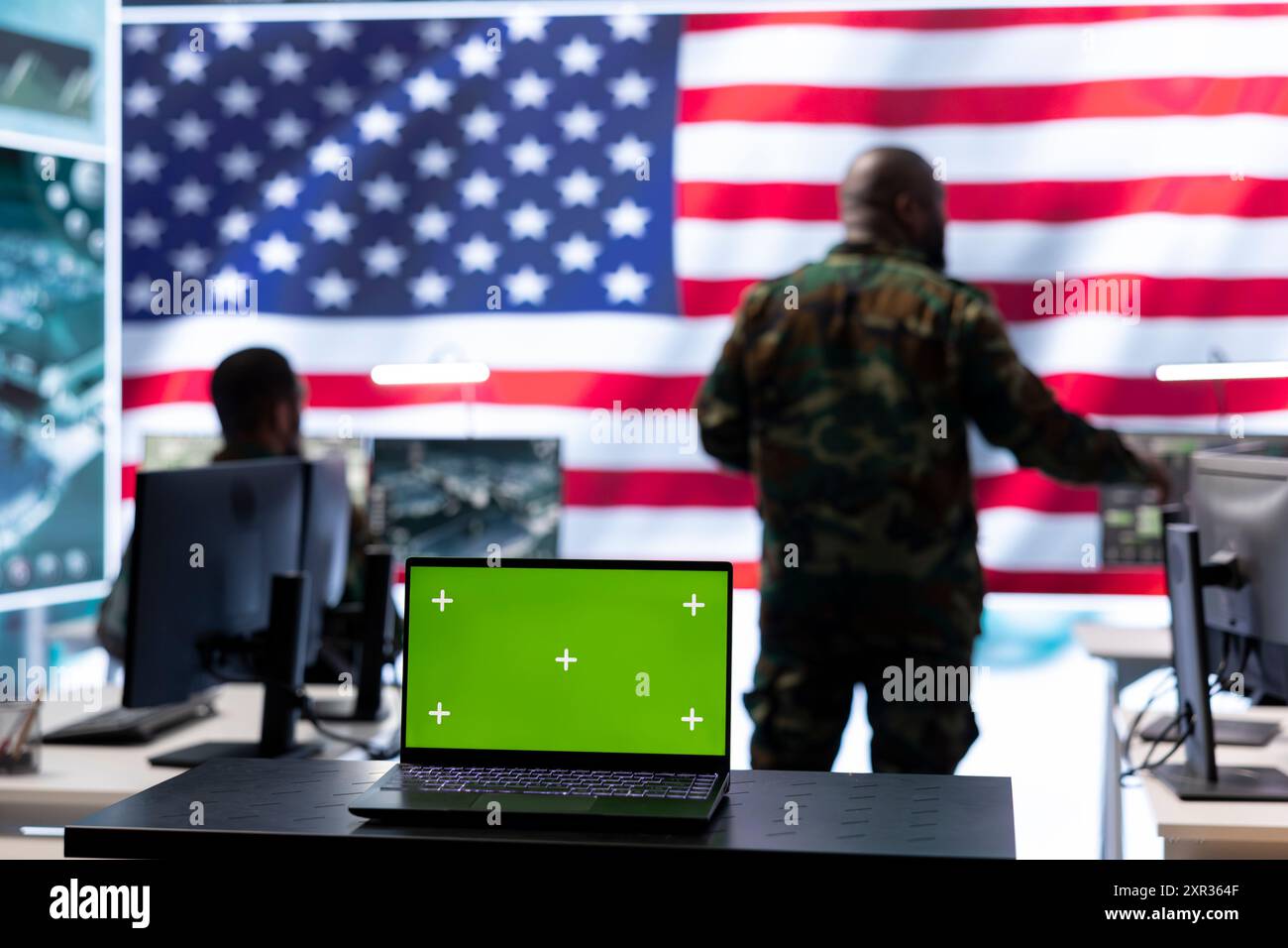 American army working in a command post with green screen, soldiers ...