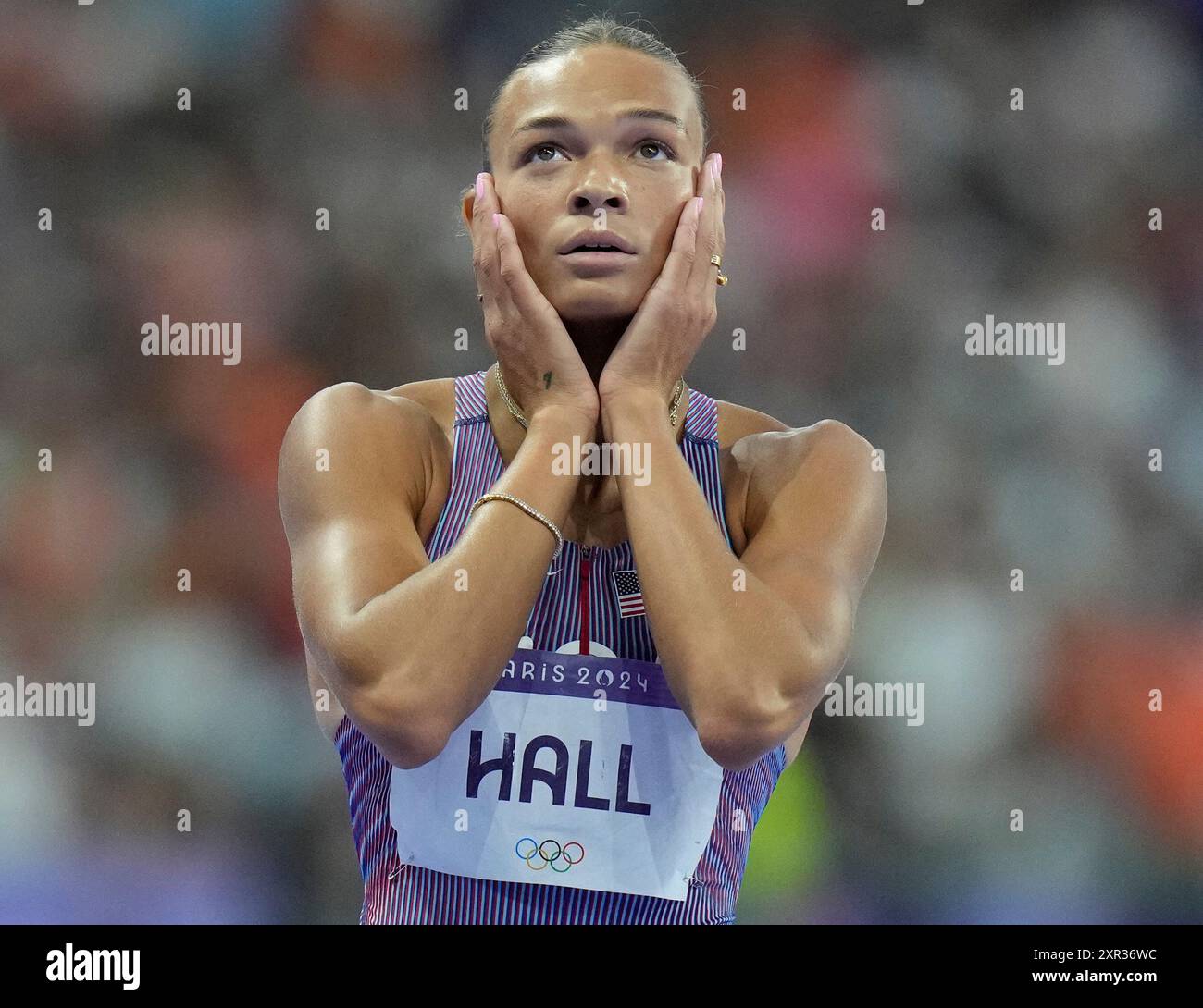 Paris, France. 08th Aug, 2024. Anna Hall of the U.S. looks at her time ...