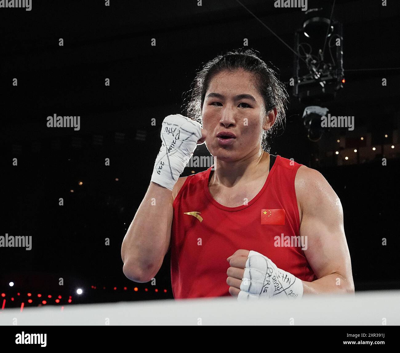 Paris, France. 8th Aug, 2024. Li Qian of China poses after defeating ...