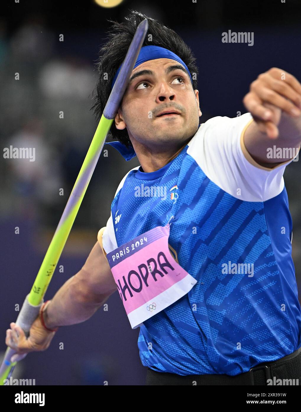 Paris, France. 8th Aug, 2024. Neeraj Chopra of India competes during ...