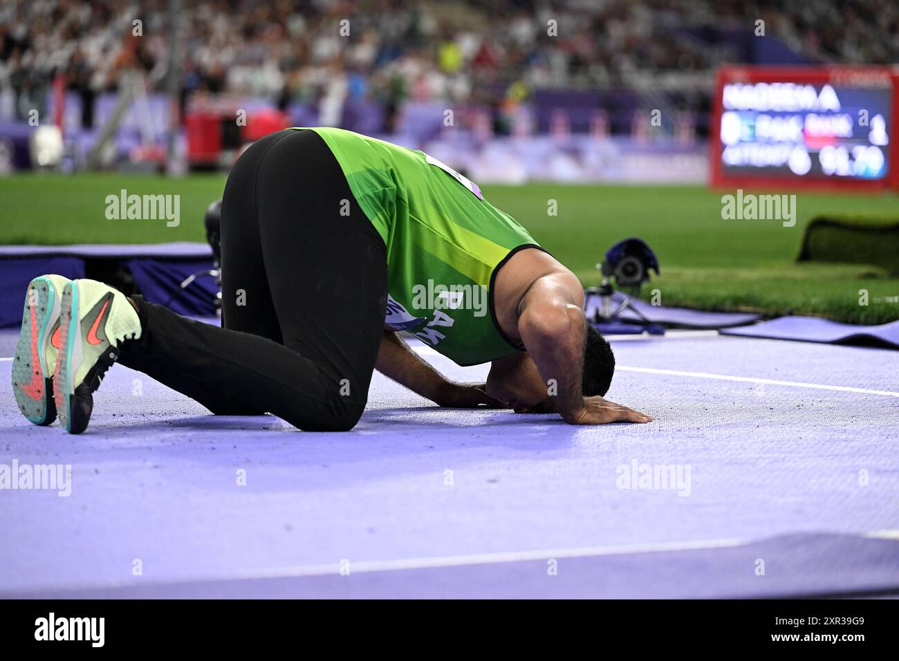 Paris, France. 8th Aug, 2024. Arshad Nadeem of Pakistan reacts after ...