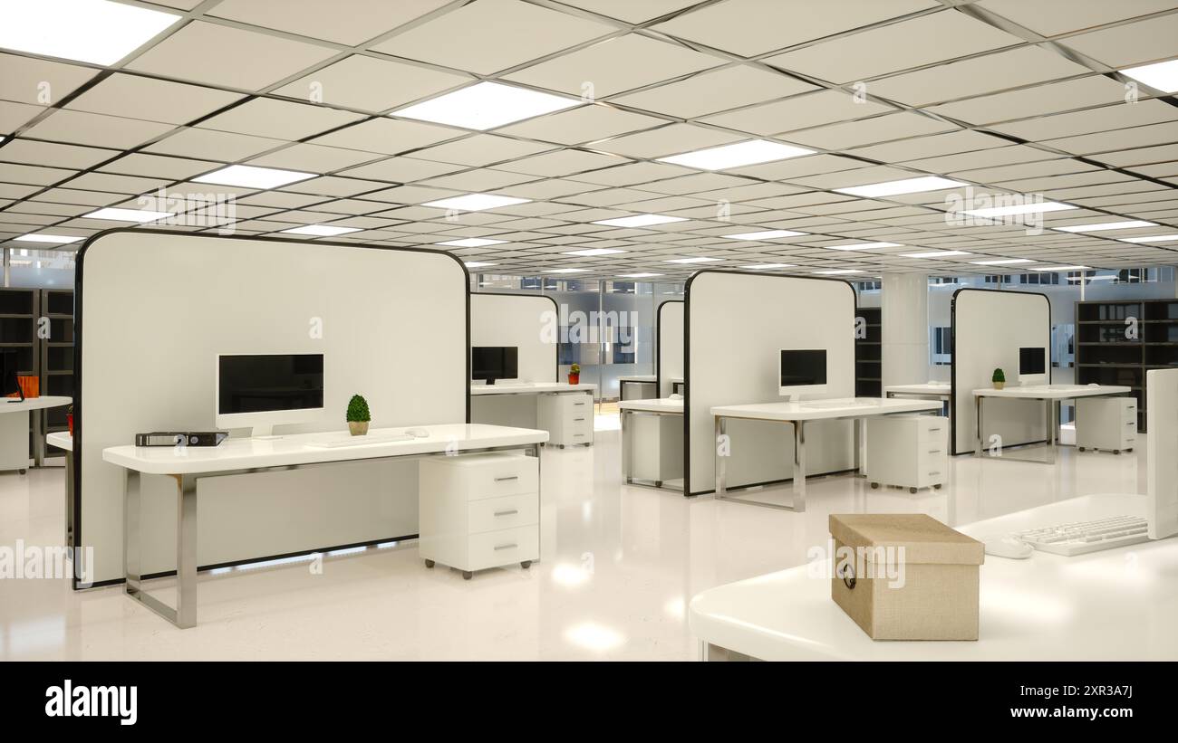 Spacious open floor plan space with organized desks and work cubicles ...