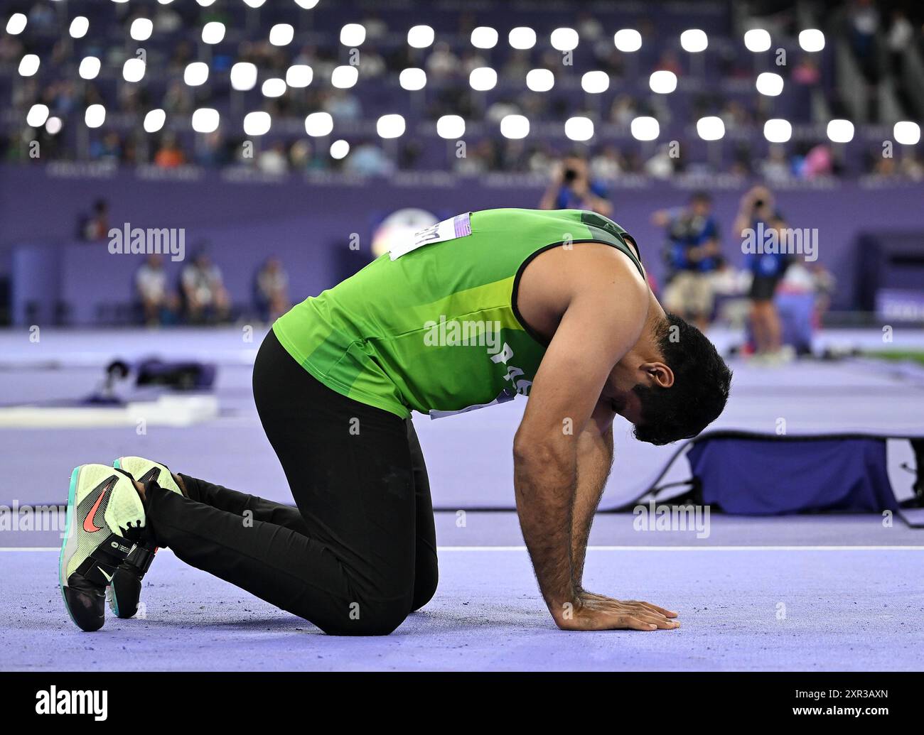 Paris, France. 8th Aug, 2024. Arshad Nadeem of Pakistan reacts after ...