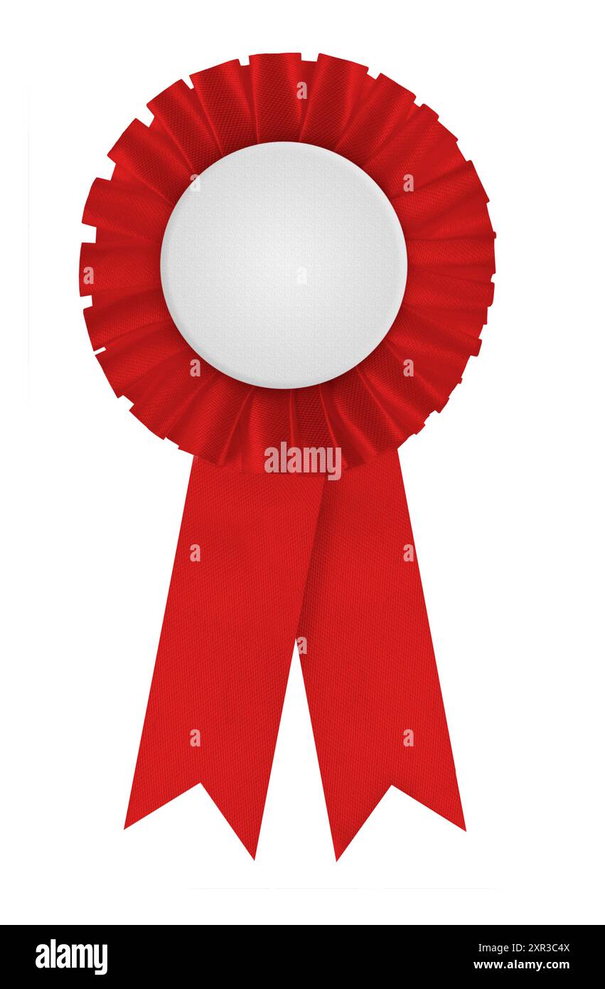 Circular pleated red ribbon winners rosette with blank white center for applying a design to ...