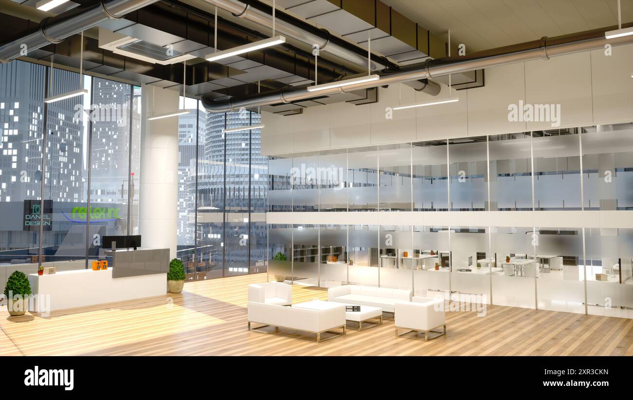 Contemporary office reception area with natural light and a panoramic ...