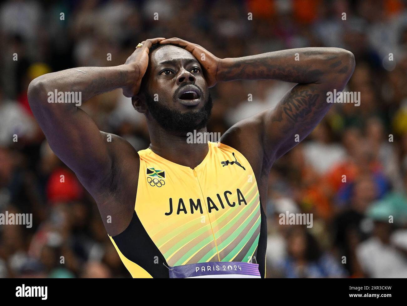 Paris, France. 8th Aug, 2024. Rasheed Broadbell of Jamaica reacts after ...