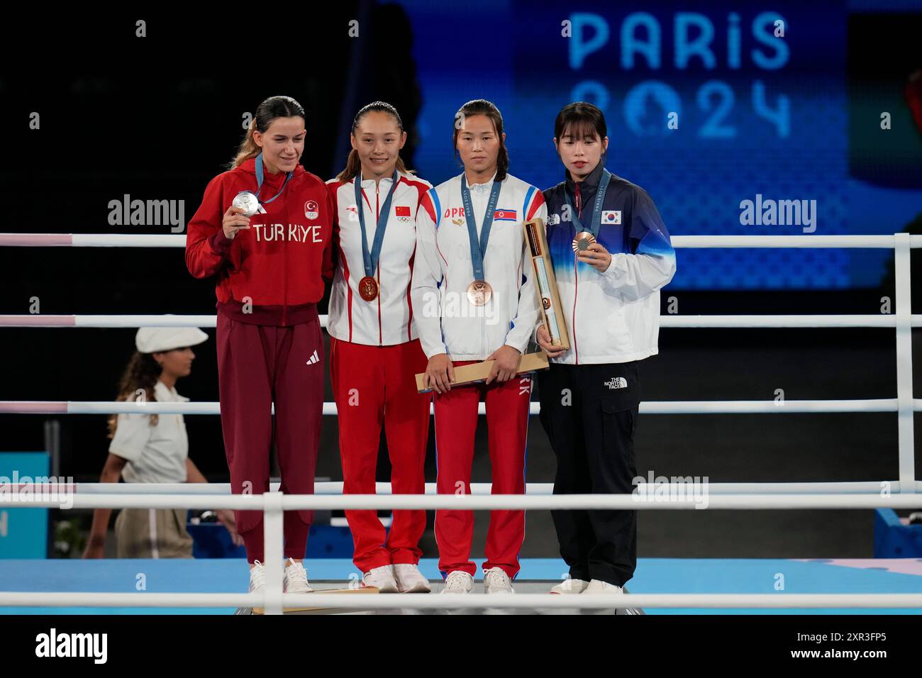 Silver medalist, from left, Turkey's Hatice Akbas, gold medalist China ...