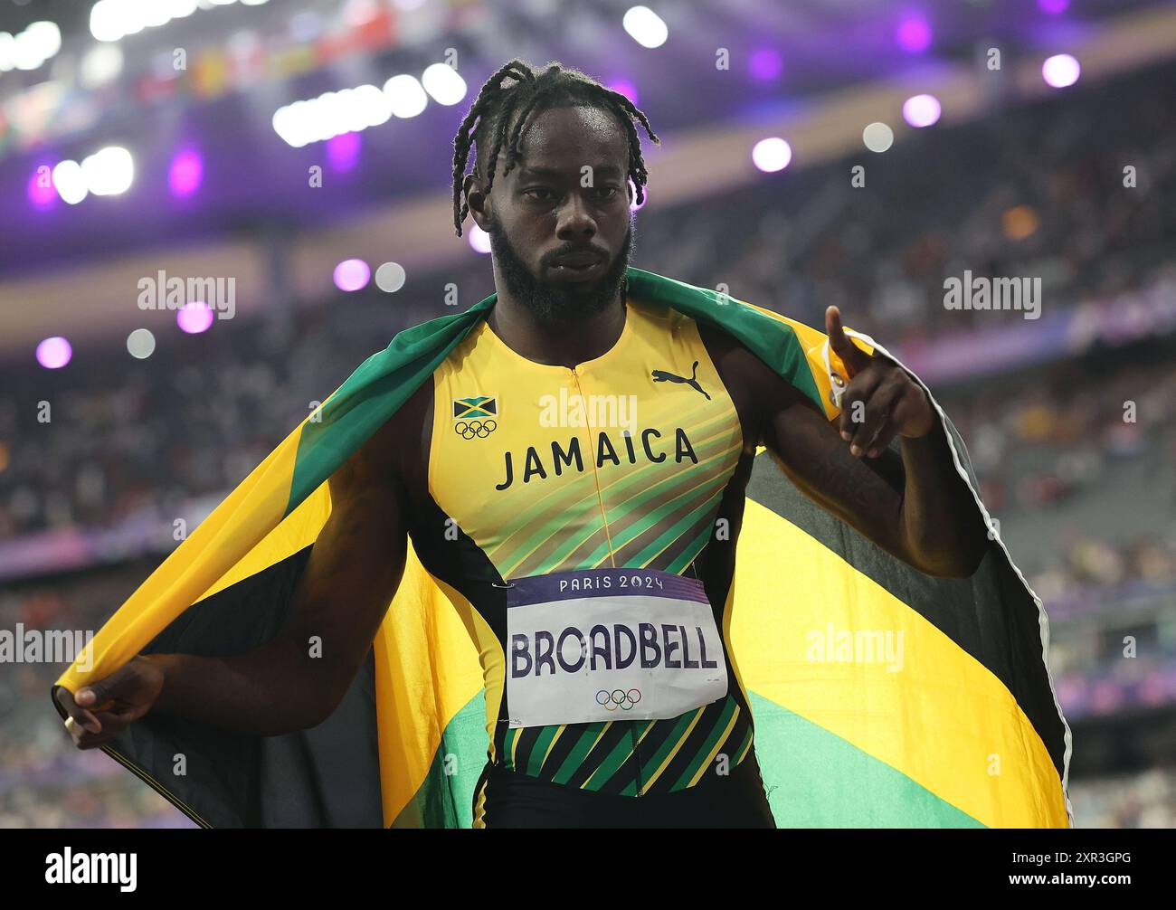 Paris, France. 8th Aug, 2024. Rasheed Broadbell of Jamaica reacts after ...