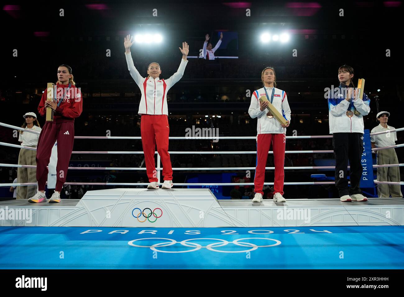 Silver medalist, from left, Turkey's Hatice Akbas, gold medalist China ...