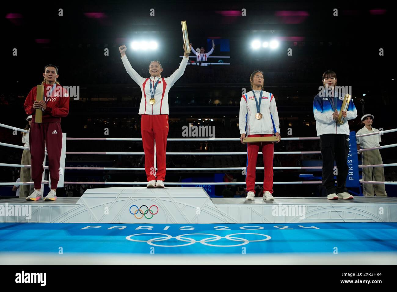 Silver medalist, from left, Turkey's Hatice Akbas, gold medalist China ...