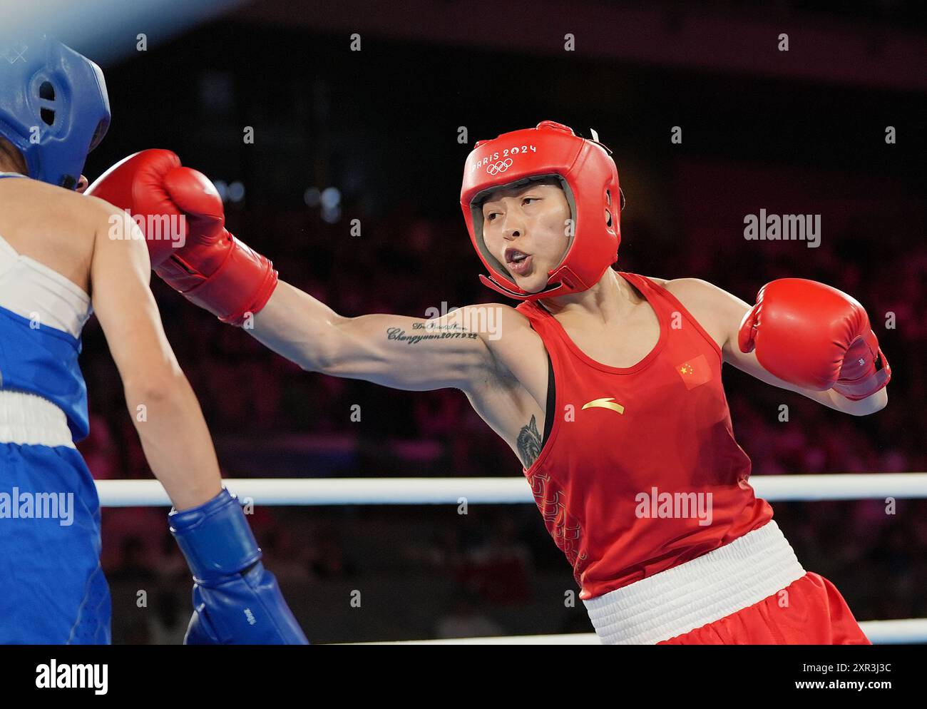 Paris, France. 8th Aug, 2024. Chang Yuan (in red) of China competes ...