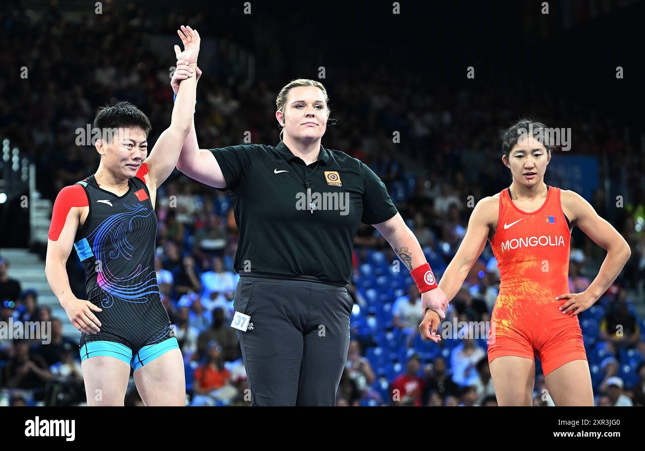 Paris, France. 8th Aug, 2024. Pang Qianyu (L) of China has her hand ...