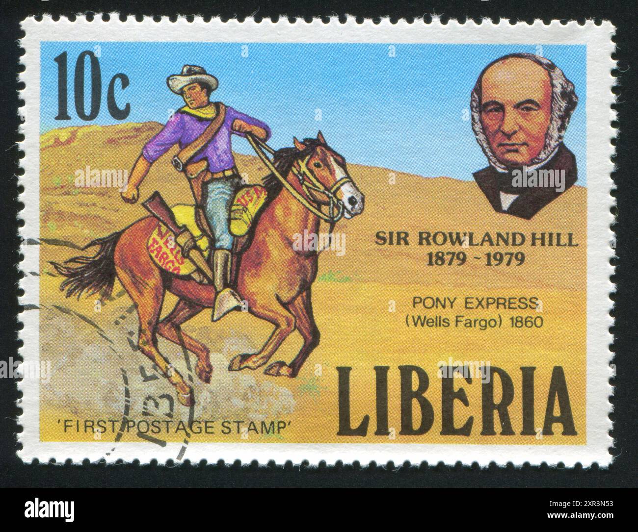 LIBERIA - CIRCA 1979: stamp printed by Liberia, shows Rowland Hill and Pony express rider, circa ...