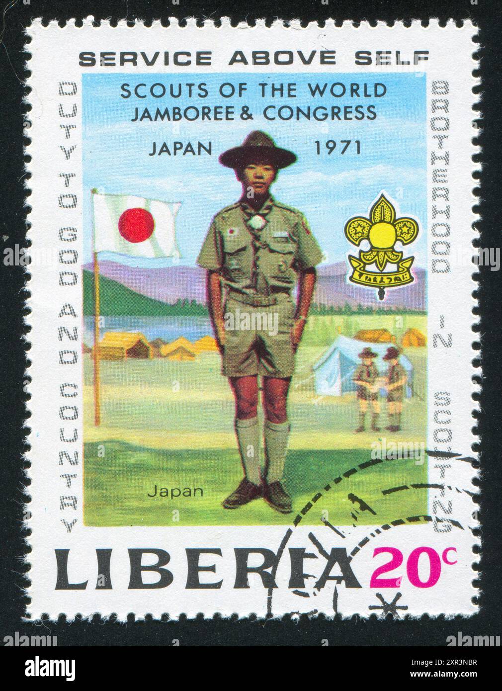 LIBERIA - CIRCA 1971: stamp printed by Liberia, shows Boy scout, emblem and flag of Japan, circa ...