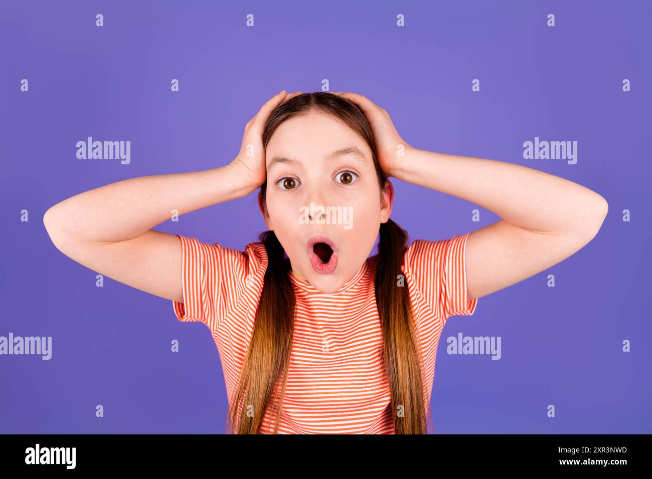 Photo portrait of pretty little girl touch head shocked wear trendy red ...