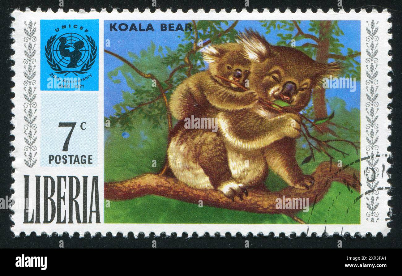 LIBERIA - CIRCA 1971: stamp printed by Liberia, shows UNICEF emblem and koala bear, circa 1971 ...