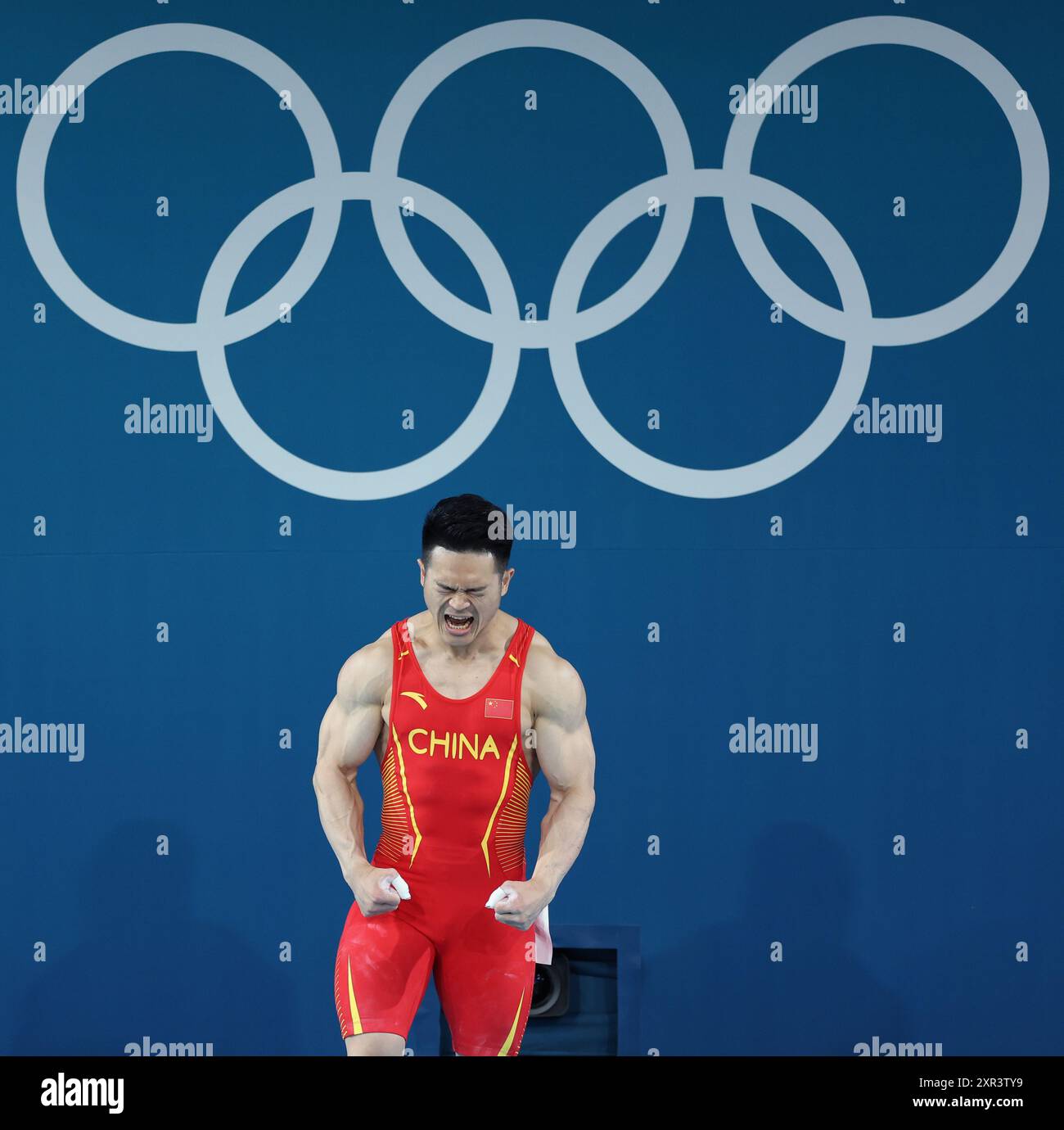 Paris, France. 8th Aug, 2024. Shi Zhiyong of China reacts during the ...
