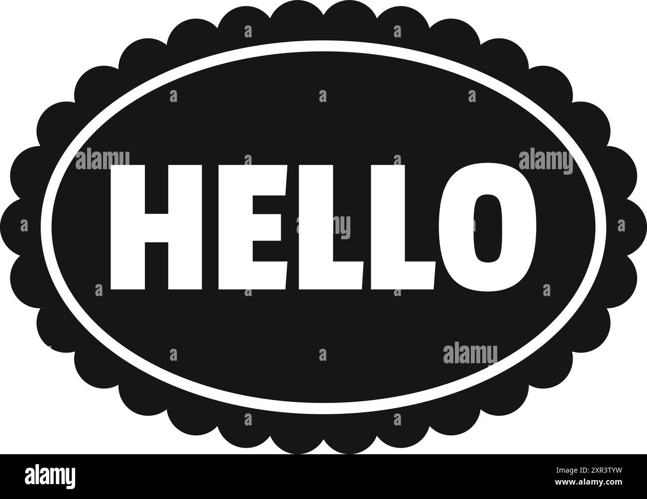 Black oval tag with scalloped border framing the word hello in a simple ...